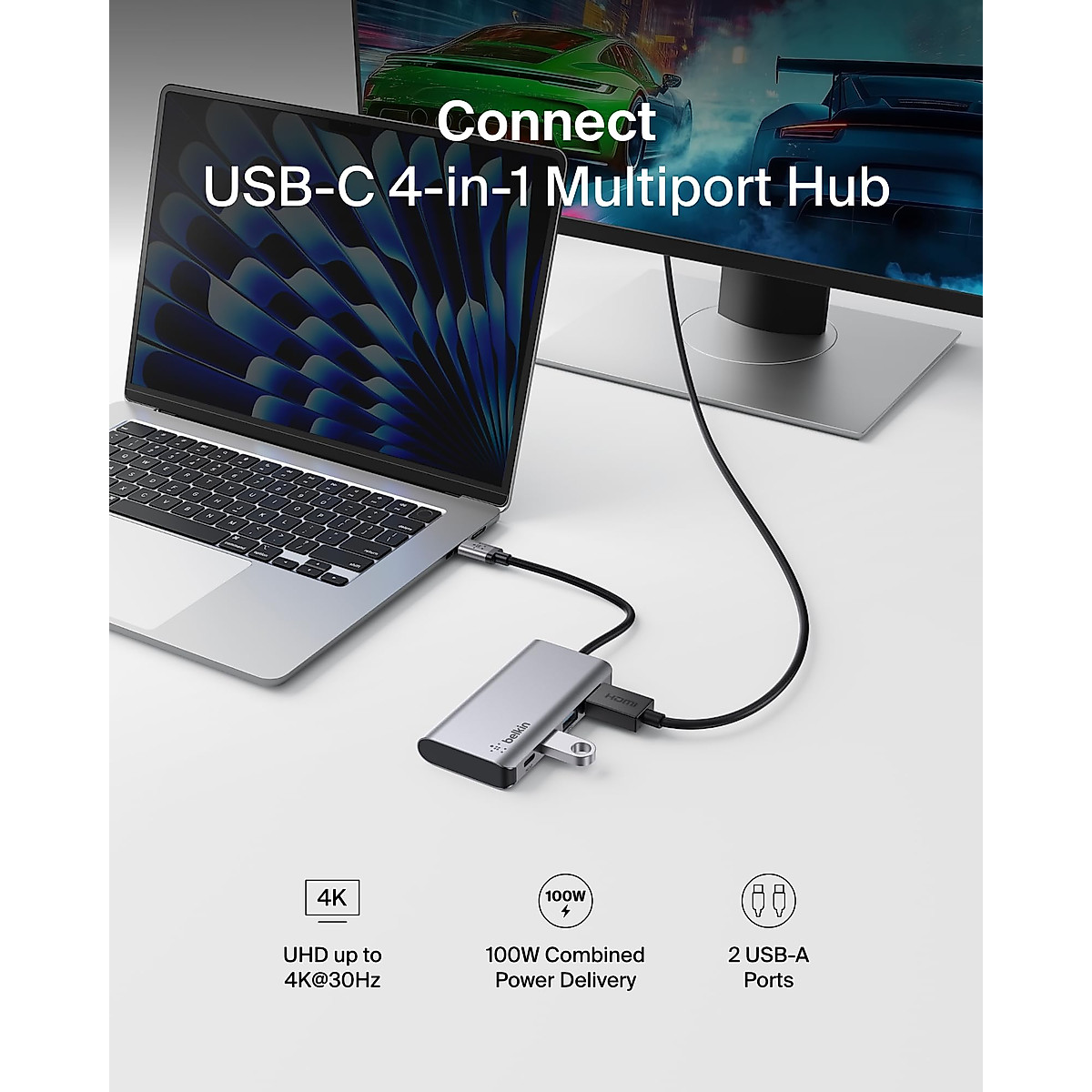 Belkin USB C Hub, 4-in-1 Multi-Port Laptop Dock with 4K HDMI, USB C Docking Station with 100 Watt Pass-Through Power Delivery, 2 X USB A Ports For MacBook Pro, Air, iPad Pro, Chromebook and More