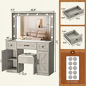 Greenvelly Makeup Vanity Table with Lighted Mirror, Grey Vanity Desk with 3 Lighting Modes and Stool Set, Dressing Table with Drawers, Vanity Desk for Women and Girls' Bedroom
