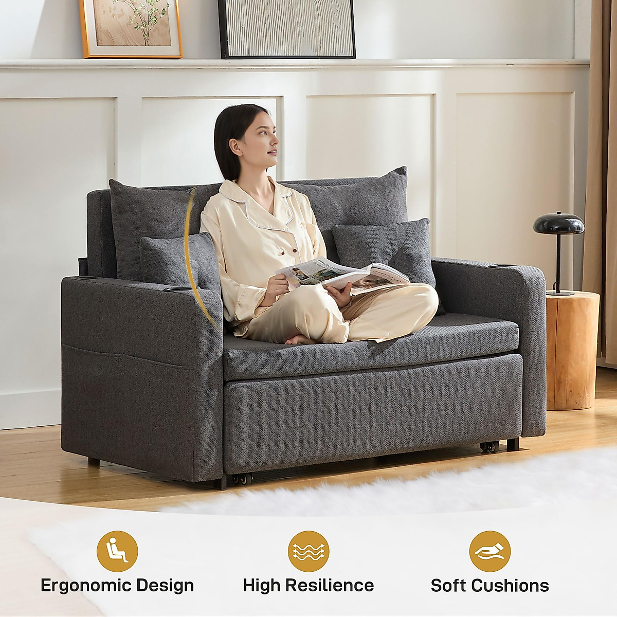 Busaurus 3 in 1 Loveseat Sleeper Sofa Couch Bed, 56" Full Size Convertible Sofa Bed, Pull Out Couch Bed with Storage Pocket, USB, Comfy Sofa Bed Couch for Living Room, Bedroom, Small Space, Dark Grey