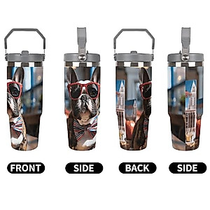 30oz Stainless Steel Insulated Tumbler with Flip Lid & Straw, Leakproof Travel Mug for Car, French Bulldog Wearing Sunglasses Double Wall Vacuum Thermal Coffee Cup with Handle, Spill-Proof Design for