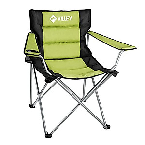 VILLEY Camping Chairs, Padded Folding Chair, Outdoor Portable High Camp Chair, Foldable Outside Arm Chair with Cup Holder & Carry Bag, Green