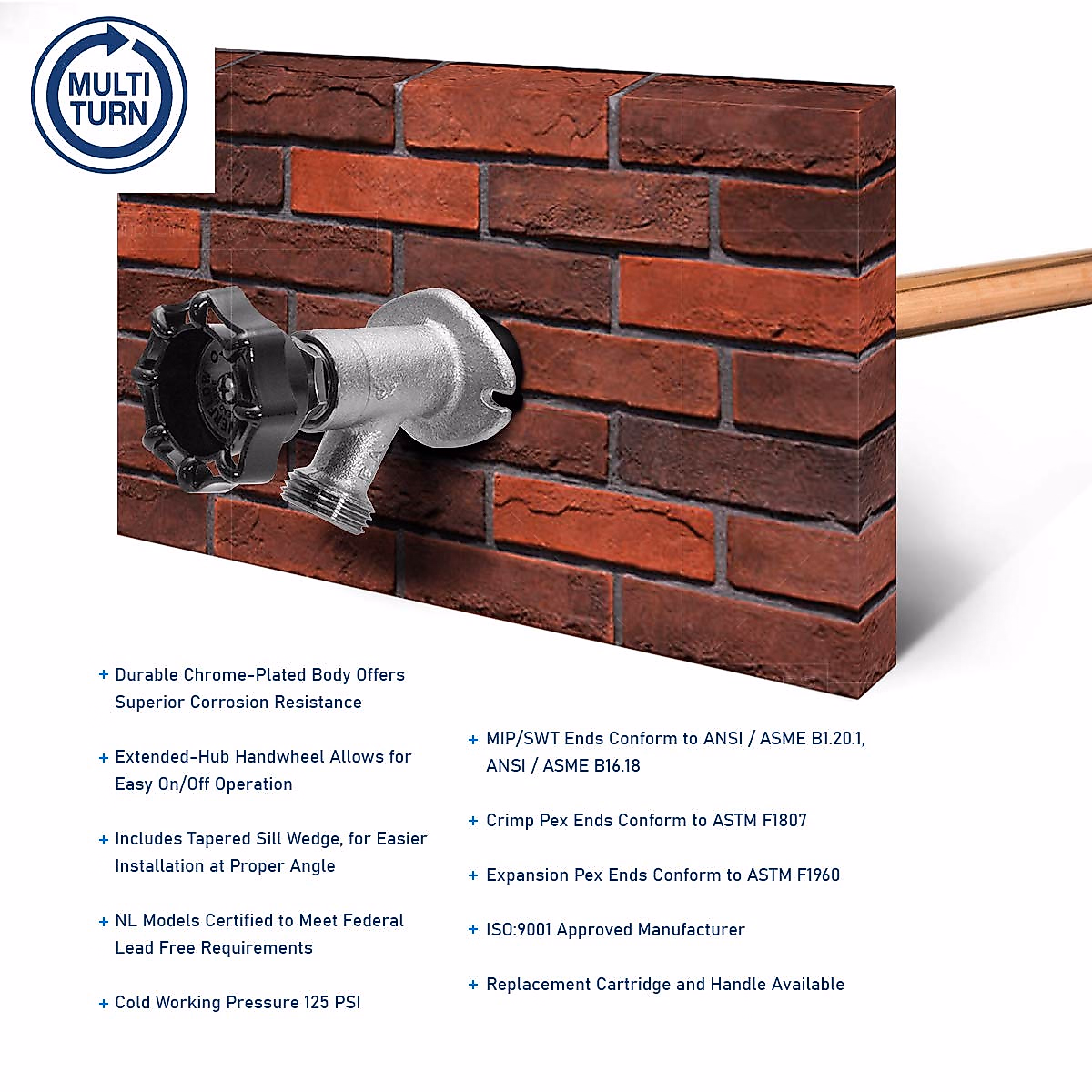 Midline Valve 6214G-OM Anti-Siphon Sillcock Frost Free Outdoor Faucet 1/2 in. PEX A x 3/4 in. Hose Bib, 14 in. Long, Chrome