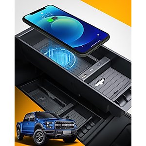 CarQiWireless Wireless Charger for F150 2009-2023 2024, Center Console Organizer Box for Ford F150 Accessories F-150 2009 2010 2011 2012 2013 2014 2015 2016 2017 2018 2019 2020 2021 2022 2023 2024