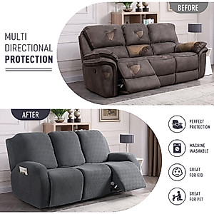 KinCam Recliner Covers, Stretch Reclining Chair Covers, Recliner Sofa Slipcovers Stripe Jacquard Recliner Couch Covers Furniture Protector Covers for Pet Kid (3 Seater, Dark Gray)