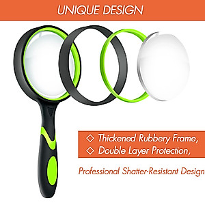 Leffis 3 Pack Magnifying Glass, 10X Non-Slip Handheld Reading Magnifier for Kids and Seniors, 75mm Magnifying Glass Lens for Reading, Classroom Science, and Nature Exploration