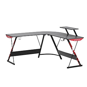 MOTPK L Shaped Gaming Desk with Carbon Fiber Surface, Corner Computer Desk L Shape with Monitor Shelf, Gamer Desk Gaming Table with Cup Holder & Headphone Hook, Black, 51 Inch