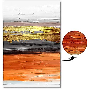 YPY Abstract Wall Art Canvas Orange and Gold Handmade Oil Painting for Home Living Room Bedroom Decor