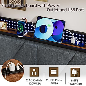 Furnulem Queen Size Bed Frame with LED Lights,Upholstered Storage Headboard with Charging Station and USB Port, Platform Bedframe Queen No Box Spring Needed, Noise Free