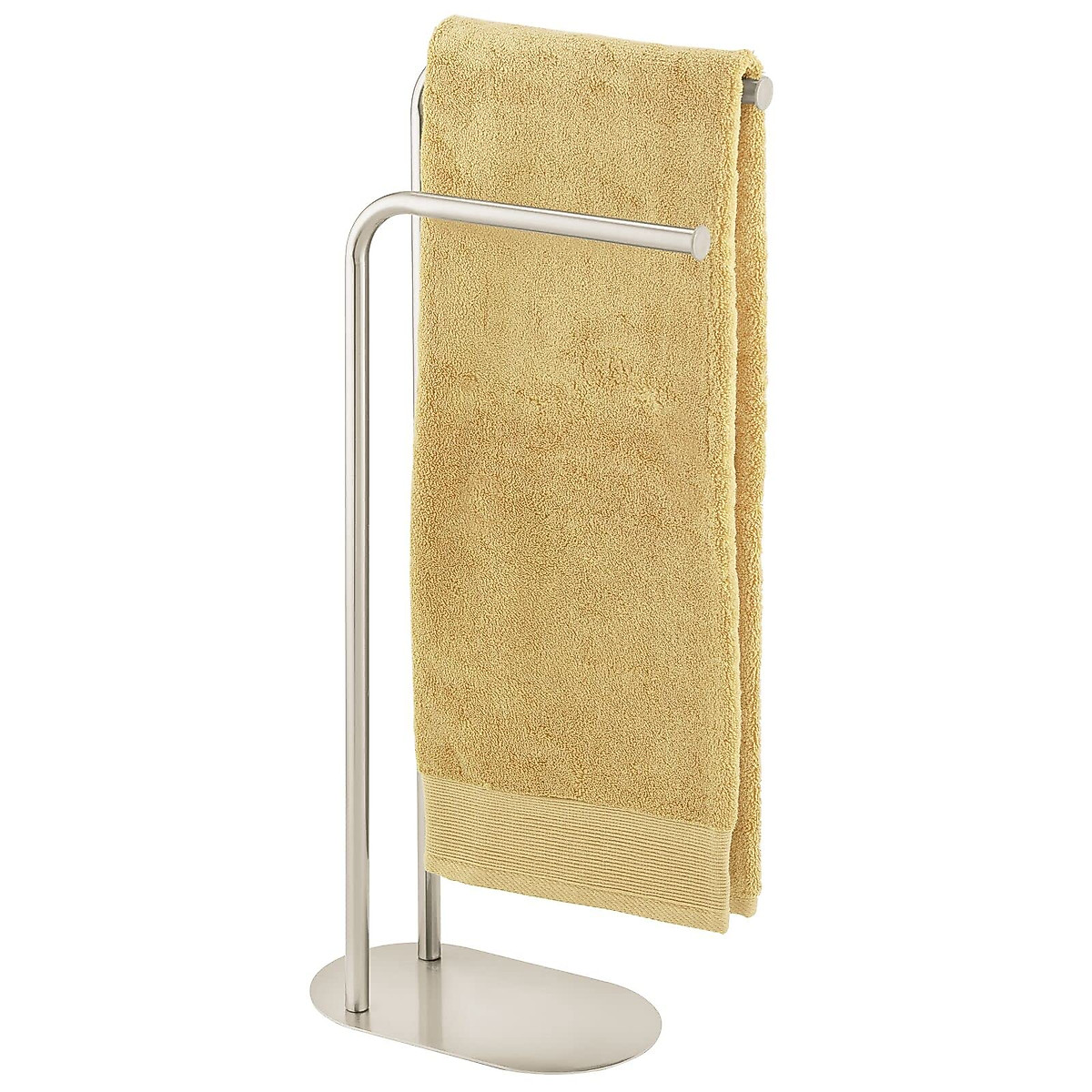 mDesign Tall Stainless Freestanding Towel Rack Holder - 2 Tier Minimalist Pedestal Hanger Holders for Kitchen and Bathroom - Racks for Bath, Hand, Dish, and Tea Towels or Washcloths - Satin