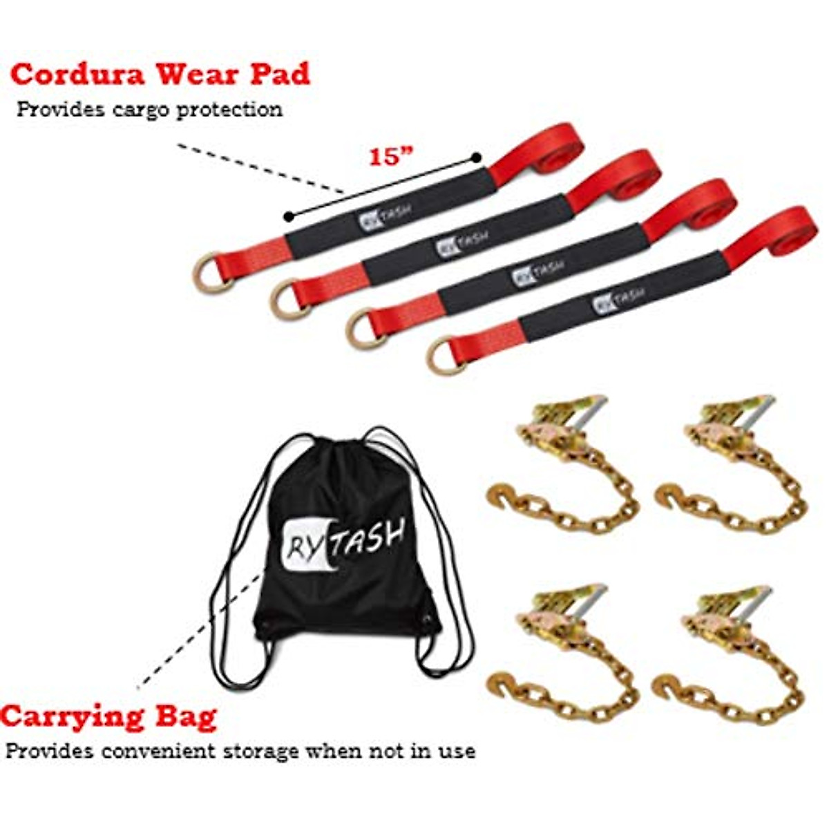 RYTASH Car Tie Down Straps for Trailers - Tire Straps with Chain Anchors - 4 Pack -Heavy Duty Ratchet Straps - Industrial Grade - 2" x 96" - Compatible with Car, Trucks, SUV, UTV, ATV - 3300 LB Load