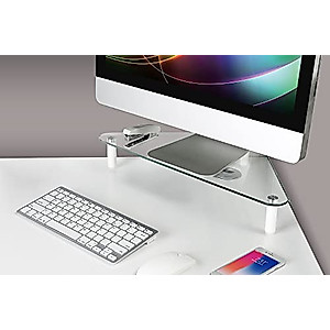 Kantek Corner Desk Glass Computer Monitor Stand Riser, 5mm Tempered Glass Platform, Holds Up to 40 Lbs, Keyboard Storage, 19.7" X 11" X 3.25", Clear