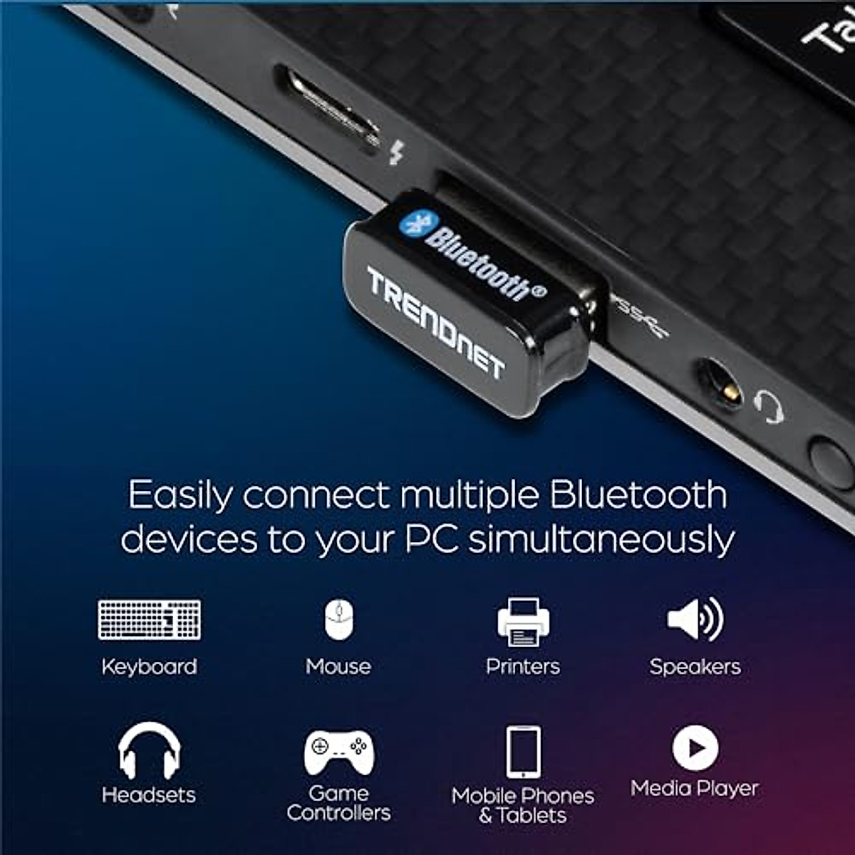 TRENDnet Micro Bluetooth 5.0 USB Adapter, Supports Basic Rate(BR), Bluetooth Low Energy(BLE), Enhanced Data Rate(EDR), 100m (328ft.) Range, Supports Windows OS, Black, TBW-110UB (Pack of 1)