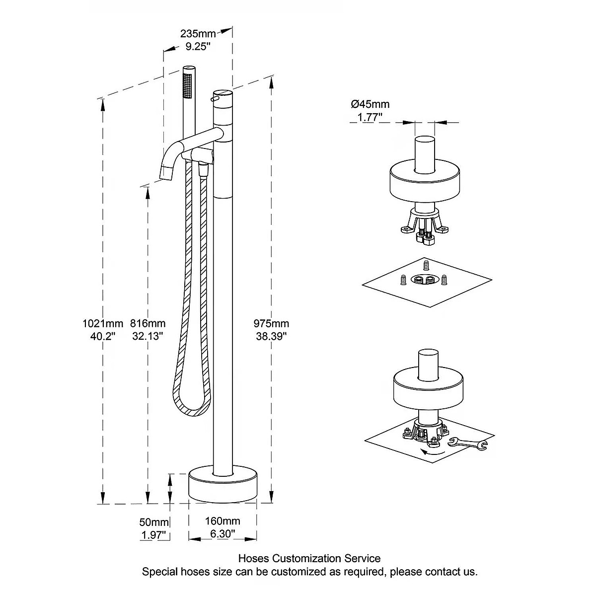 Qinkell Freestanding Bathtub Faucet Tub Filler Brushed Gold Floor Mount Brass Single Handle Bathroom Faucets with Hand Shower