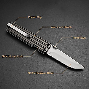 GVDV Metal Pocket Folding Knife - 7Cr15 Stainless Steel Survival Knife, Tactical Knife for Camping Hunting Hiking with Safety Liner-Lock and Belt Clip, Gift for Men- Silver