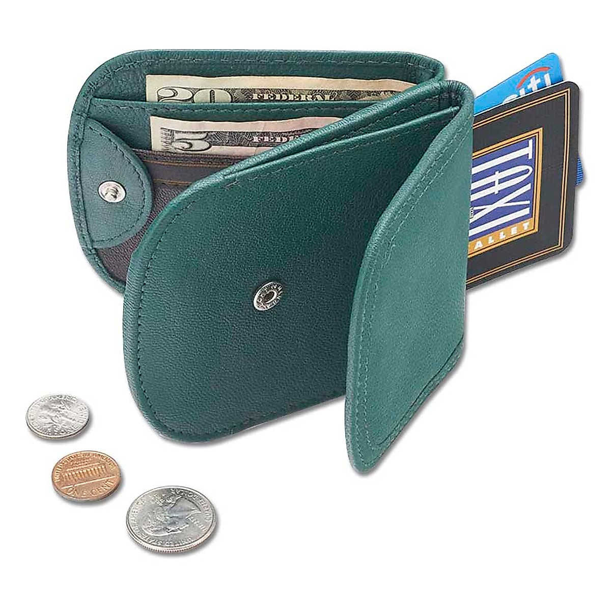Taxi Wallet® TW03-DRAGONFLY - Soft Leather (Green) - Compact, Front Pocket Folding Wallet - For Cards, Coins, Bills, ID (Men & Women)
