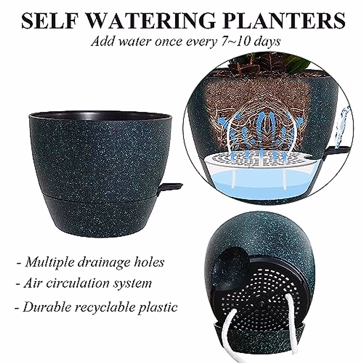 Self Watering Hanging Planters & Macrame Plant Hangers Plastic Flower Pots with Cotton Rope Hanging Baskets for Indoor Outdoor Boho Home Decor Black Green Speckled Set of 3