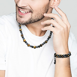 Men Tiger Eye Beaded Necklace Bracelet Triple Protection Jewelry Sets Hematite Black Obsidian Healing Crystal Stone Chakra Necklace