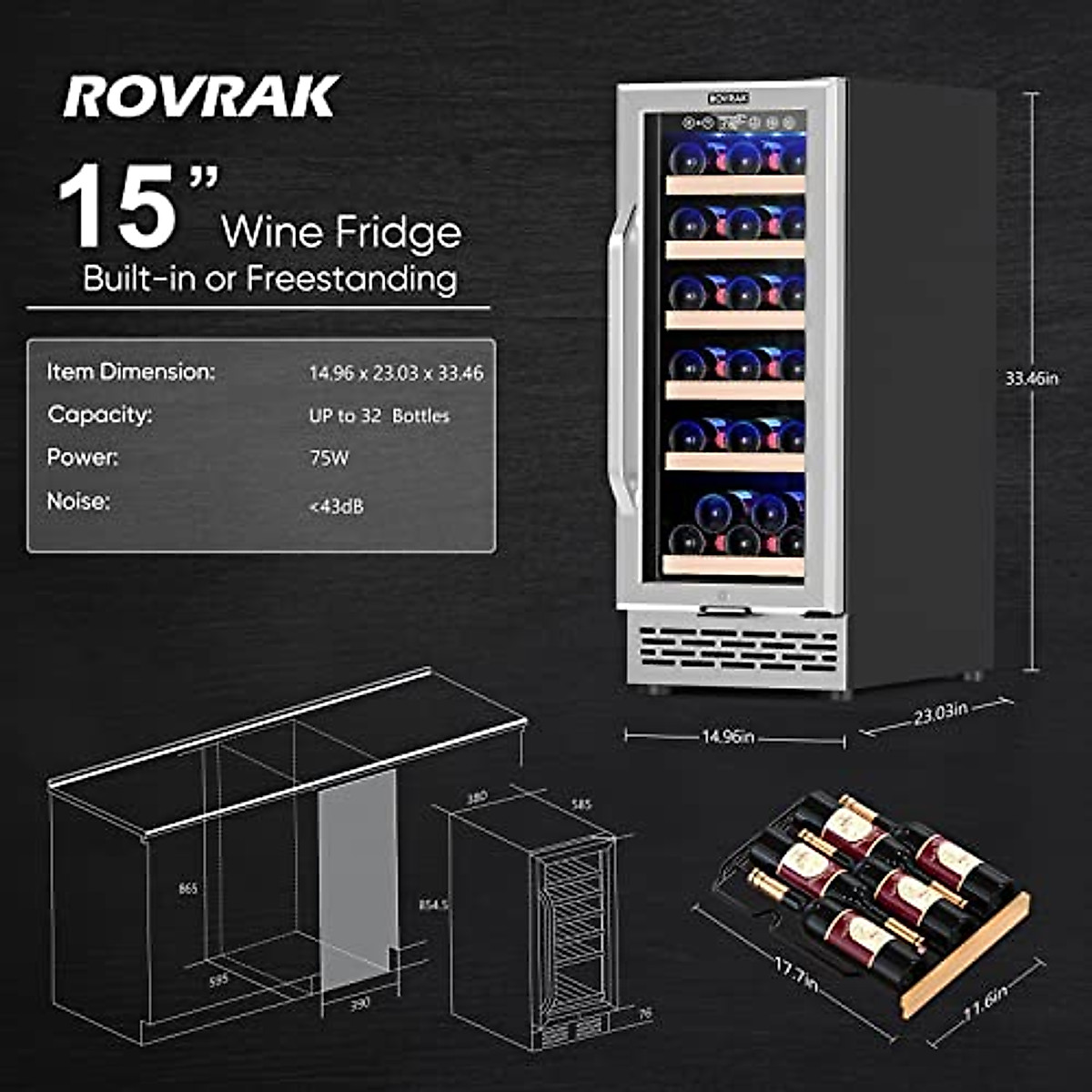 ROVRAk Wine Cooler Refrigerator 15 Inch 32 Bottle, Frost Free with Digital Temperature Control, Compressor Wine Cooler for Built-in or Freestanding