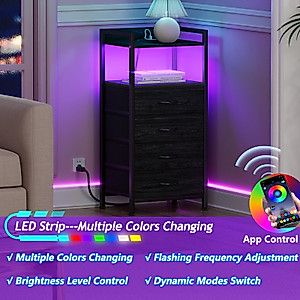 Furnulem Night Stand with Charging Station, Black Nightstand with Drawers and Led Light, Tall Dresser for Bedroom, Bedside Table with Fabric Storage Bins, Metal Frame, Wood Furniture