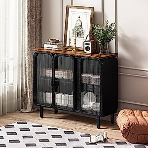Aisurun 40.94" Modern Storage Cabinet Sideboard with 3 Glass Doors, Fir Top & 2 Tier Storage Shelves for Entryway Living Room Home Office Dining Room, Black+Brown