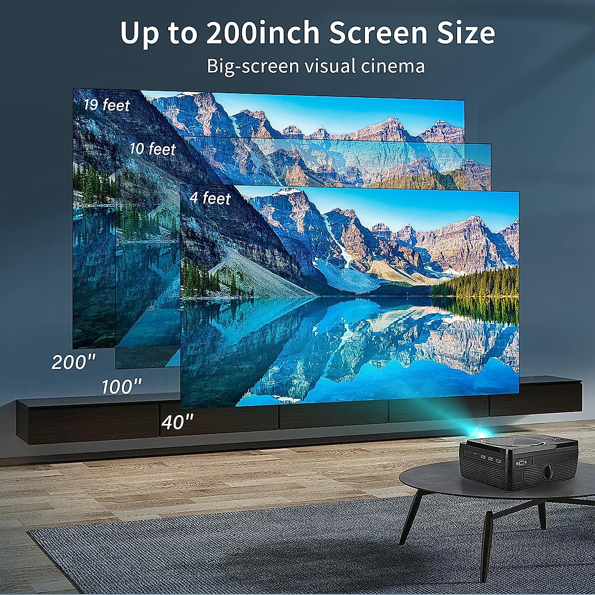 Movie Projector, Bluetooth Outdoor Projector Full HD 1080P 200" Display 9500 Lumen Brightness Compatible with TV Stick, Video Games, Phone, VGA, AV, TF, USB, HD