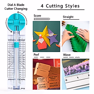 Paper Trimmer Craft Paper Cutter: 4 Style Multi-Function Scrapbooking Tool with Dial Blades of Straight,Wave,Dotted,Perforated,Creasing for Cutting Paper,Coupons,Photos,Postcards,Scrapbook,Card