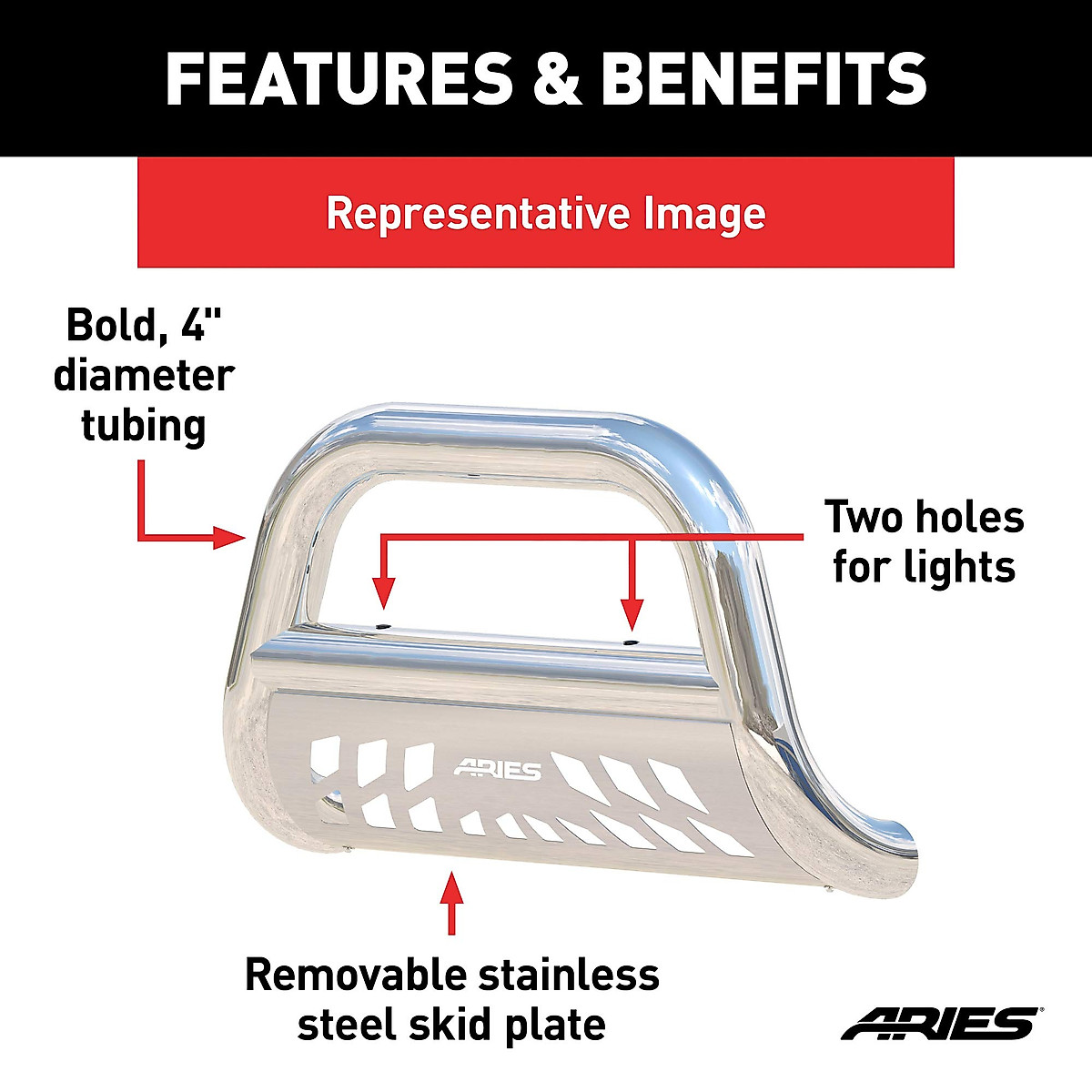 ARIES 45-2004 Big Horn 4-Inch Polished Stainless Steel Bull Bar, Select Toyota Sequoia, Tundra