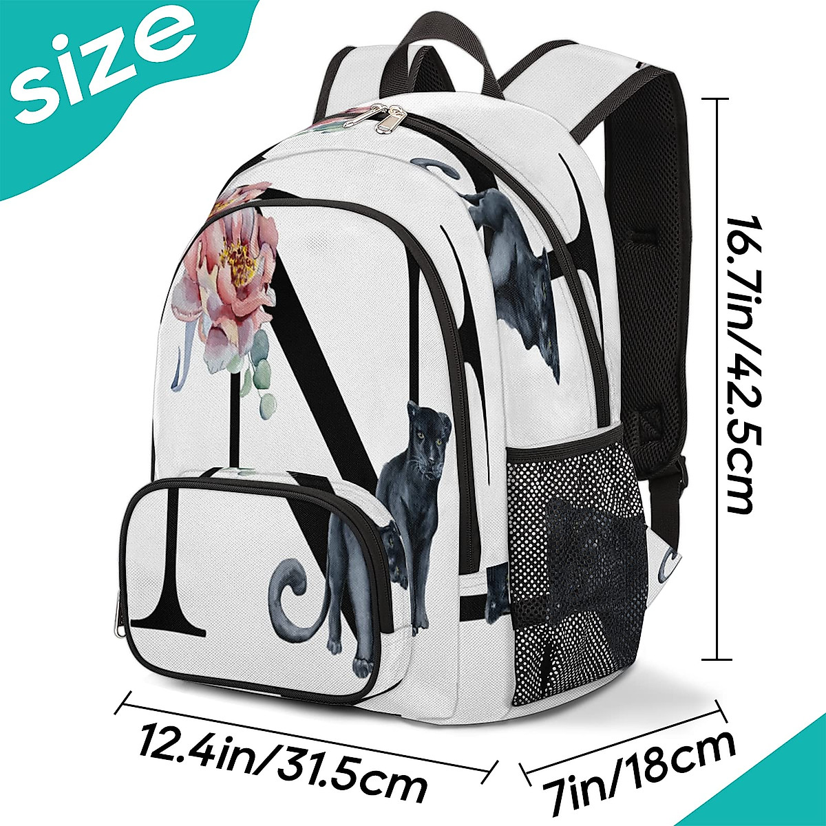 Alphabet Monogram Floral N Letter Bookbag School Backpack Teens Girls Boys Schoolbag Shoulder Computer Hiking Gym Travel Casual Travel Daypack