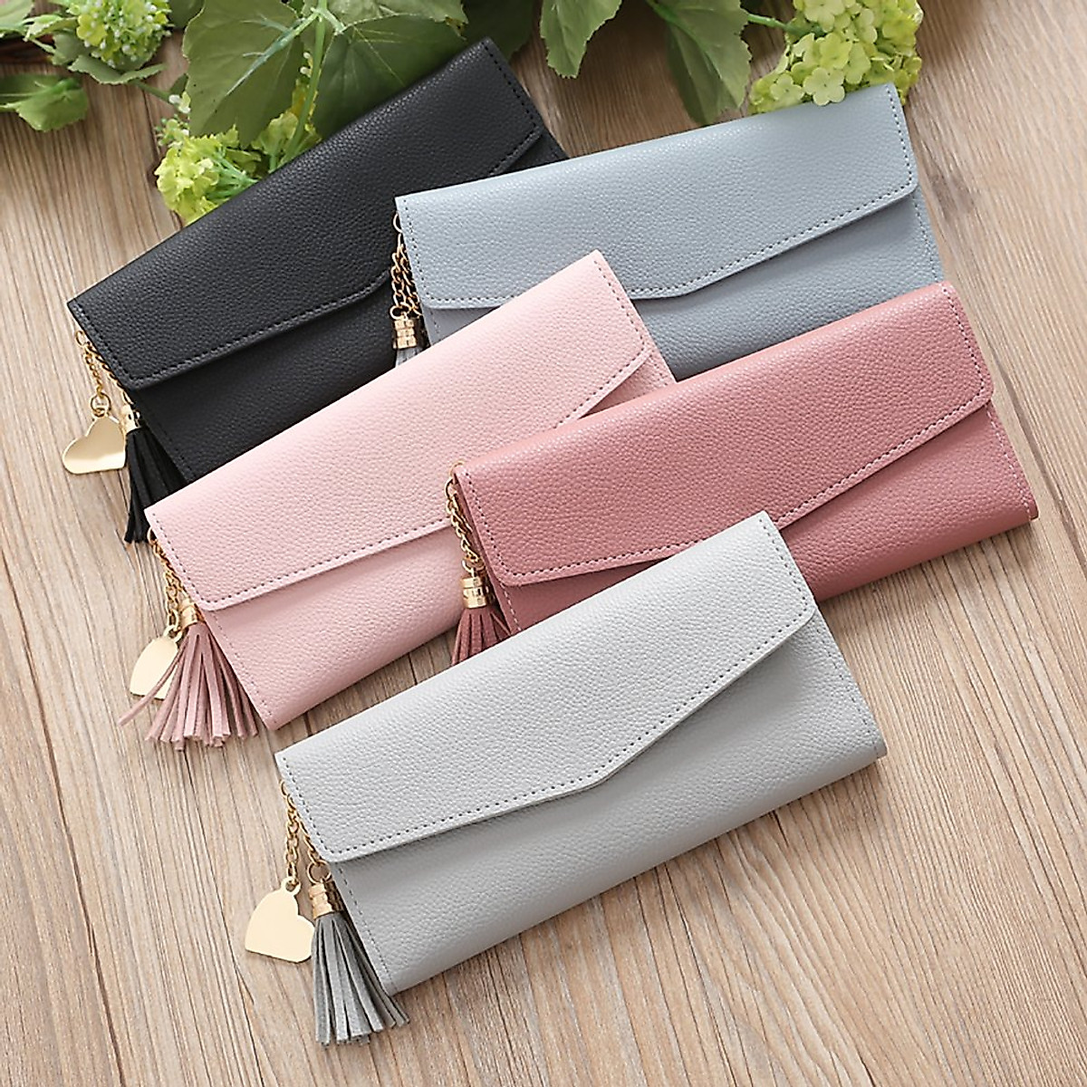 mogen886 Fashion Long Wallet Bags Card Slot Tassel Heart Pattern Charm Coin Purses Clutch Bag Light Pink