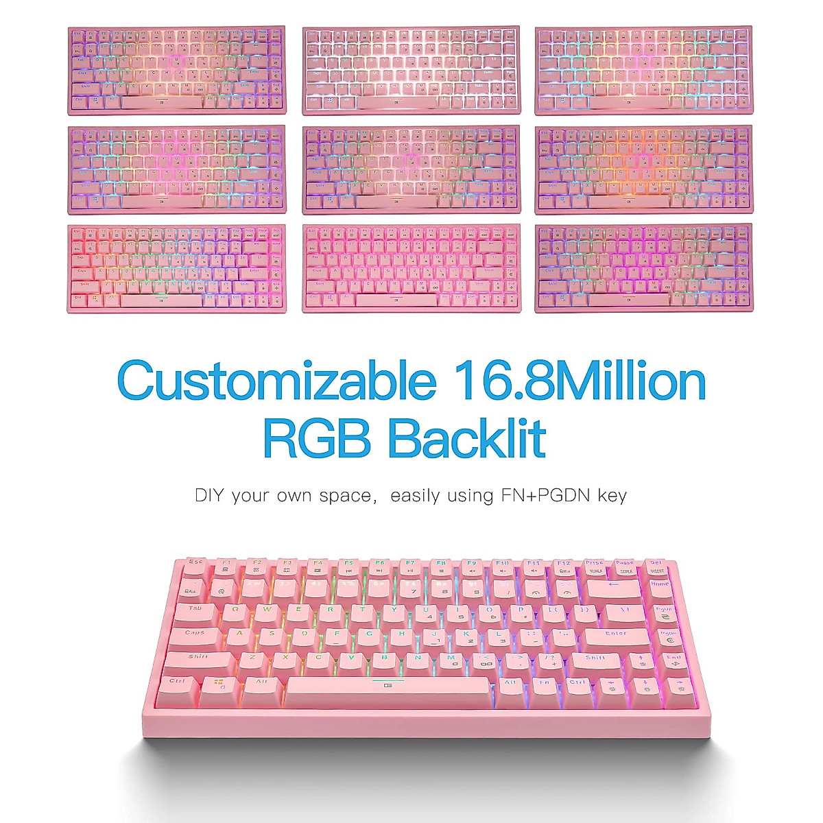 OKKID Wireless Mechanical Keyboard 60%, Bluetooth Wired Gaming Keyboard, Blue Switches, RGB Backlight, CQ84 Wired Keyboard, Compact 84 Keys, for Windows Computers, Tablets, Smartphone