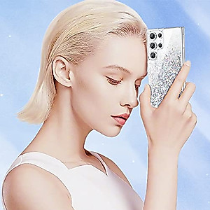 Caka [1+5] for Galaxy S23 Ultra Case, S23 Ultra Case Glitter with Camera Lens Protector for Women Girls Girly Sparkle Bling Liquid Phone Case for Samsung Galaxy S23 Ultra 5G - Clear Silver