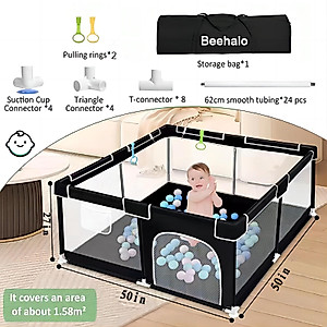 BeeHalo Baby Playpen Baby Playard, Playpen for Babies and Toddlers with Gate, Indoor & Outdoor Kids Activity Center with Anti-Slip Base,Sturdy Safety Play Yard with Soft Breathable Mesh(Black,50”×50”)