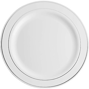 Munfix 100 Silver Plastic Plates Set, 10.25 Inch Plastic Dinner Plates, Fancy Disposable Plates, Heavy Duty Party Plates, Elegant Wedding Plates, White with Silver Rim