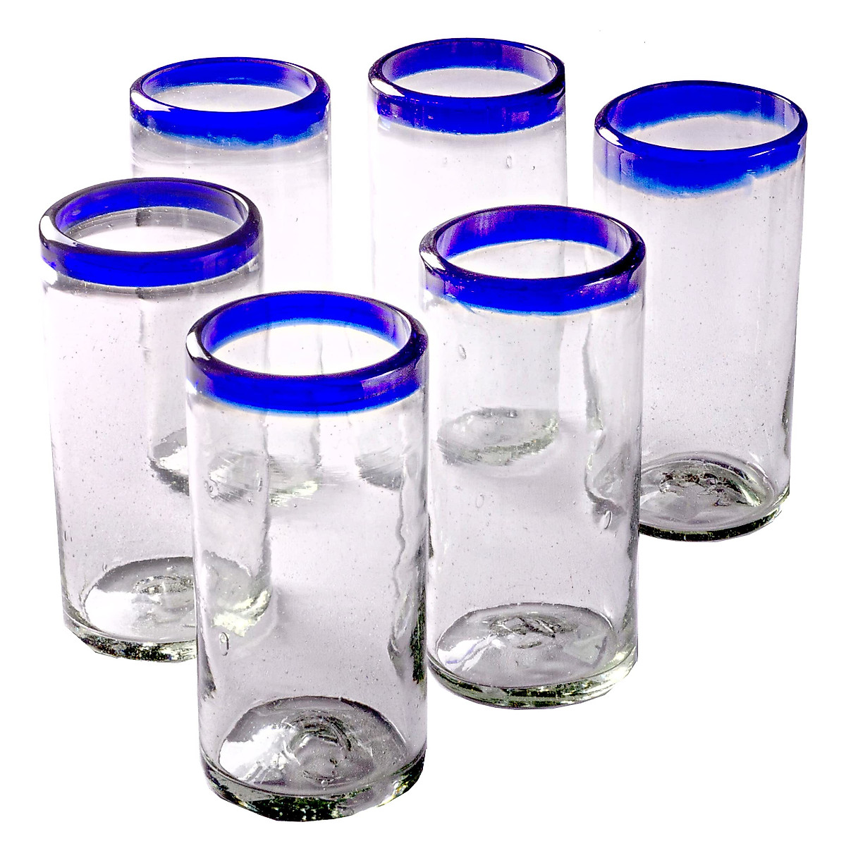Orion Cobalt Blue Rim Tall Tumbler - 22 oz - Set of 6 - Handmade Mexican Glassware | Hand blown | Vibrant Colors | Restaurant Grade | Lead-Free Drinking Glasses