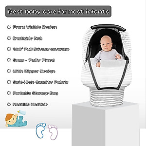 Baby Car Seat Covers Mesh Zipper Peep Window Nursing Cover Breastfeeding Scarf Baby Carseat Canopy Infant Stroller Cover Baby Shower Gifts for Girls and Boys Mothers Day Gifts (Grey Stripe)
