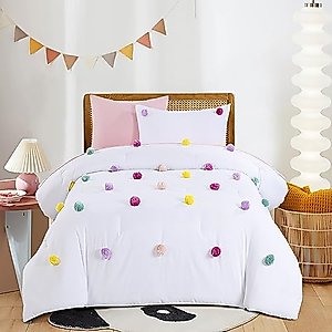 HOMBYS Pom Poms Bedding Comforter Set for Girls, 5 Piece White Pink Boho Kids Comforter Set for All Season，Full/Queen Size