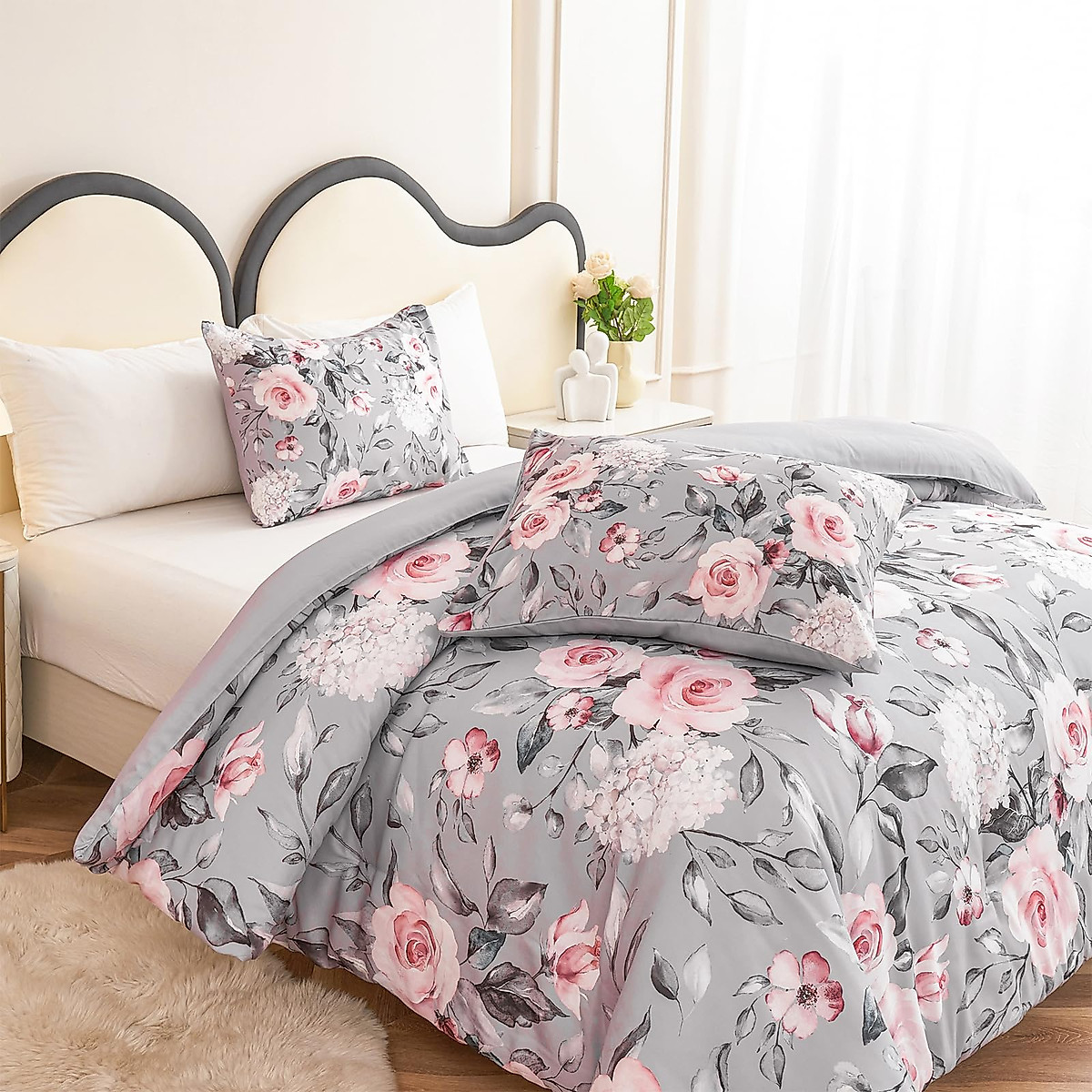 Koniroom 3 Pieces Pink and Grey Comforter Set Queen Size, Floral Bedding Sets with Pink Flowers and Leaves Pattern for Women Teen Girls, Reversible All Season Comforter with 2 Pillow Shams