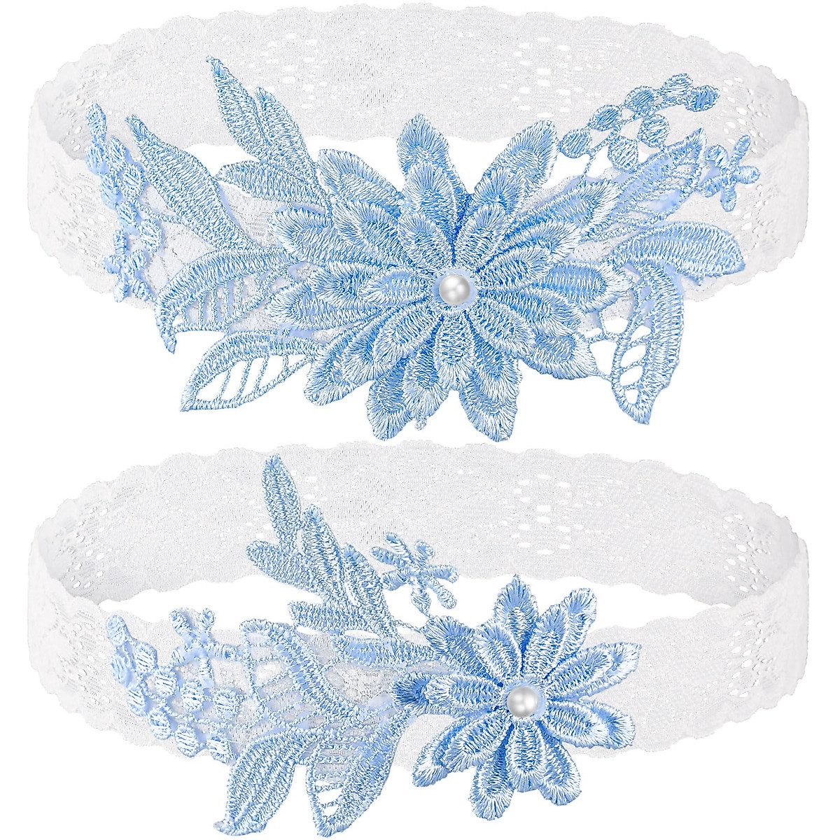 2 Pieces Wedding Garters for Bride Sexy Lace Leg Garter Belt Hand Sewn Faux Pearls Bride Garter Set(Sky Blue)