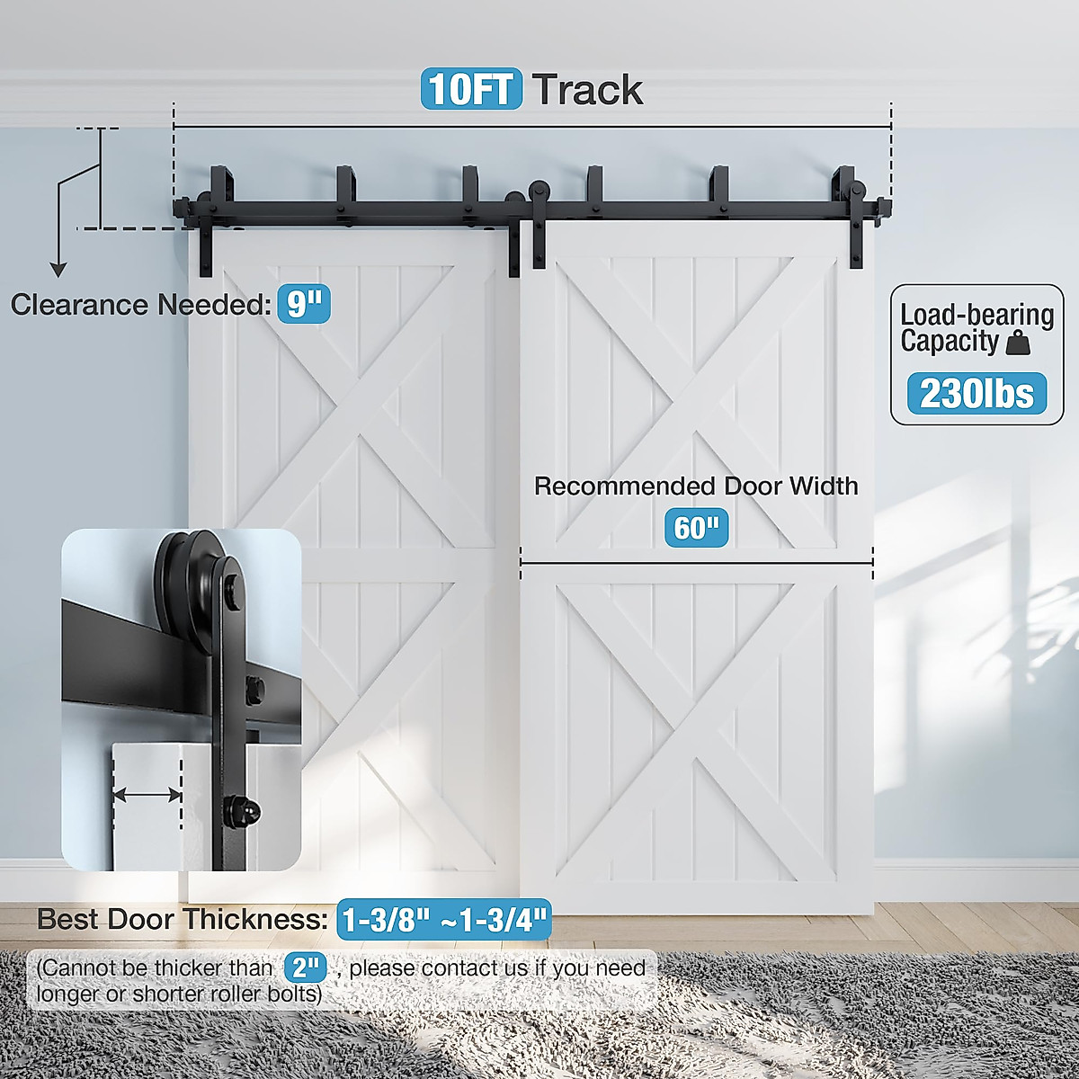 ZEKOO 10 FT Bypass Barn Door Hardware Kit Double Track Low Ceiling Bracket with Metal Hanger for Double Sliding Barn Door (10FT Bypass Kit)