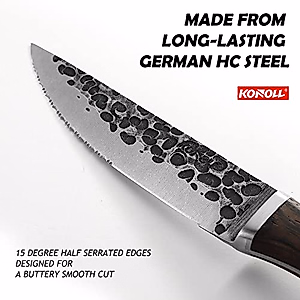 KONOLL Steak Knives Set of 6 Steaks Knife Serrated Blade Forged Handmade German High Carbon Steel Full Tang Handle