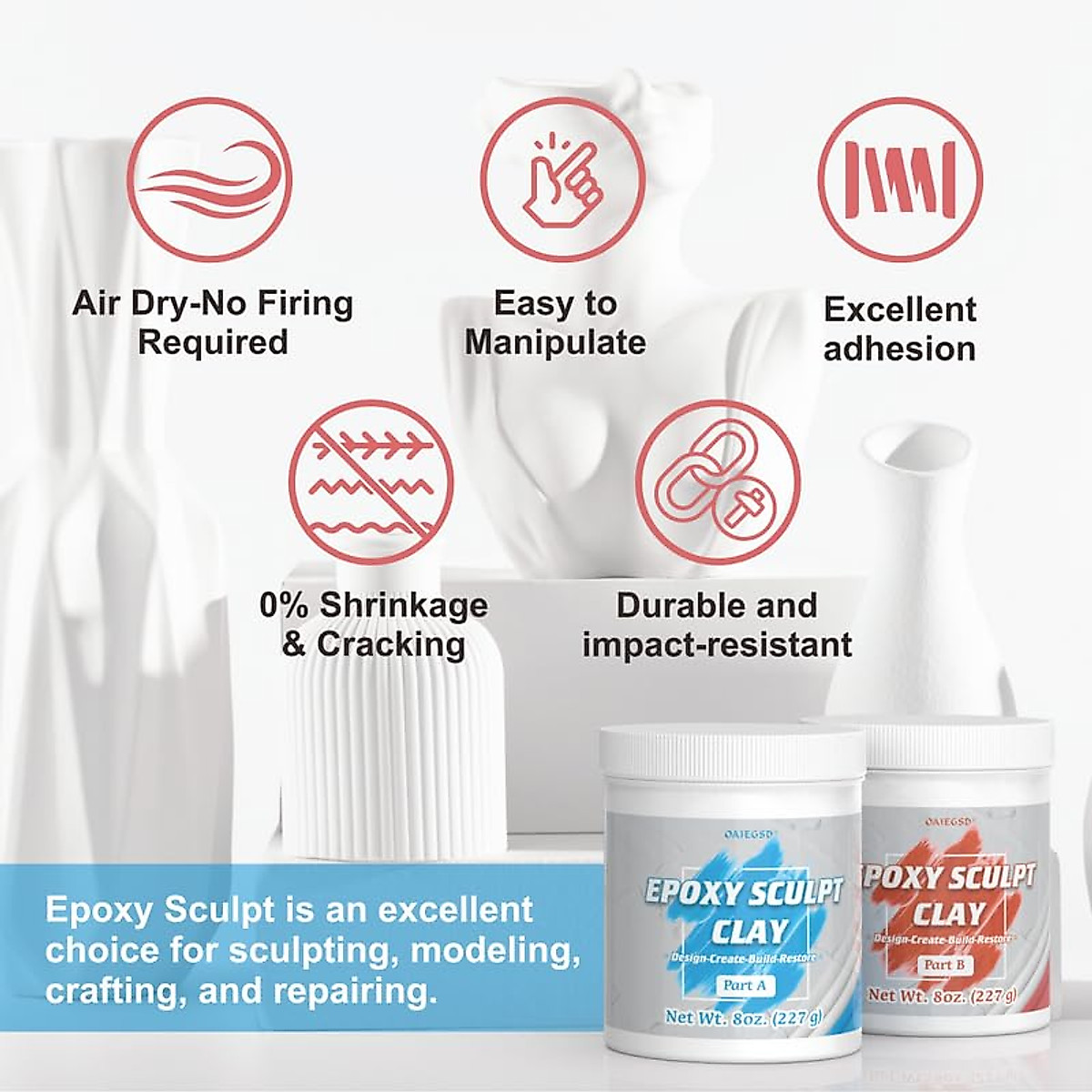White Epoxy Sculpt Clay, 1 Pound Self-Hardening AB Epoxy Sculpt Clay for Sculpting, 2 Part Modeling Compound (A & B), Epoxy Clay Magic Sculpt for Sculpting, Modeling, Filling, Repairing