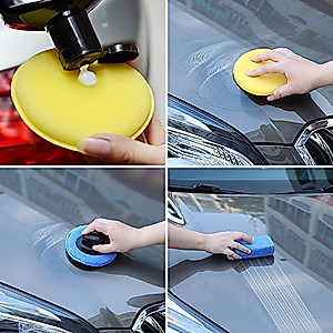 Electop 13 Pcs Car Wax Applicator Pads Kit 5 inch Microfiber Applicator Pads Blue Rectangle Microfiber Sponge Applicators Yellow Soft Foam Waxing Pad with Grip Handle