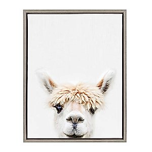 Kate and Laurel Sylvie Alpaca Bangs Animal Print Portrait Framed Canvas Wall Art by Amy Peterson, 18x24 Gray