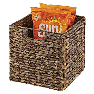 mDesign Natural Woven Hyacinth Cube Organizer Basket with Handles - Storage for Kitchen Cabinet or Pantry Shelf, Perfect for Cubby Storage Units, Holds Snacks or Small Appliances, 8 Pack, Brown Wash