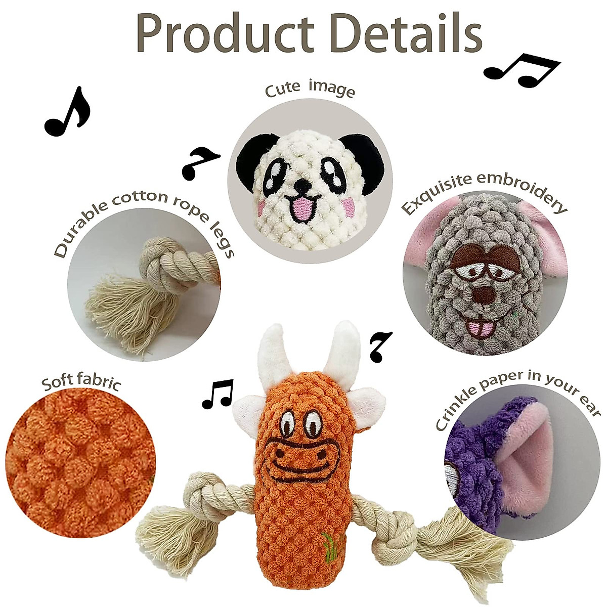 AIMETING Dog Squeak Toys, No Stuffing Dog Plush Toys, Durable Cotton Rope Dog Chew Toys for Puppy and Small, Medium Dogs, 6 Pack of Cute Animal Squeak Dog Toys