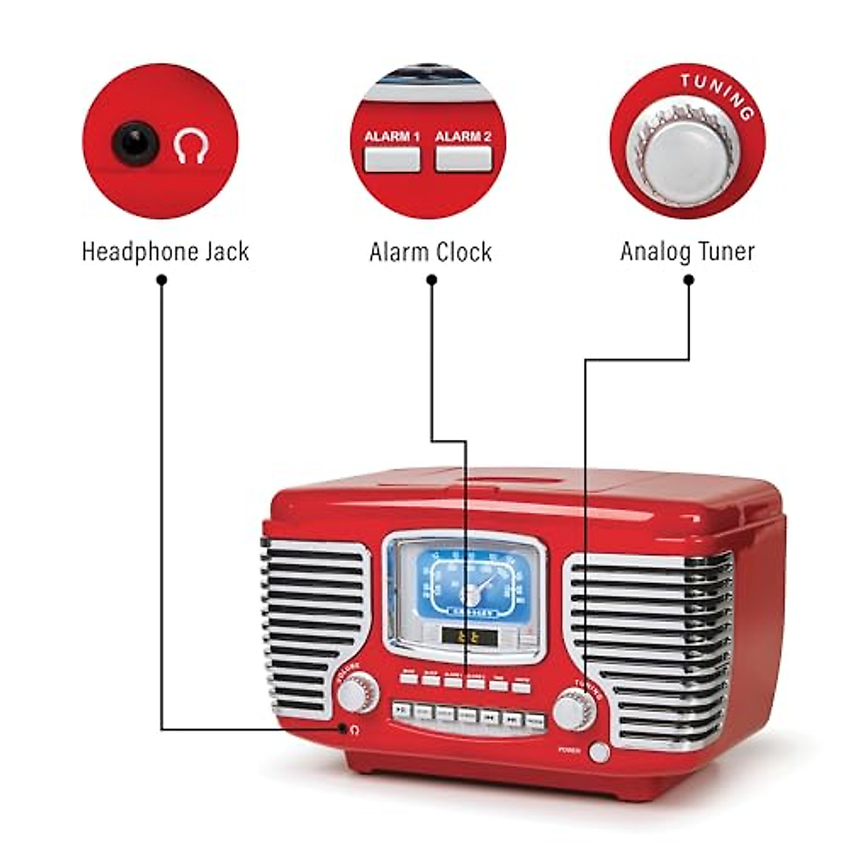 Crosley CR612B-RE Corsair Tabletop AM/FM Bluetooth Radio with CD Player and Dual Alarm Clock, Red