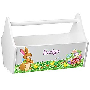 Fox Valley Traders Personalized Kids Easter Toy Caddy, Customized Children’s Wooden Storage Tote with Purple Font, 13” Wide x 9” High