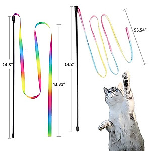 2 Pieces Interactive Cat Rainbow Wand Toys, Kitten Ribbon Toys, Colorful Cat String Teaser Wand - Pet Ribbon Dance Charmer for Cats Kittens Indoor Training Exerciser, Cats Toys for Strengthen Relation