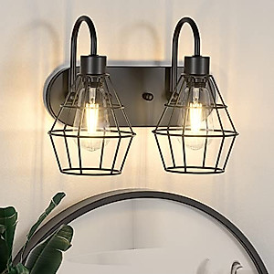Elibbren Bathroom Vanity Light Fixtures, 2-Light Bathroom Lighting Fixtures Over Mirror with Cage, E26 Base Black Farmhouse Wall Sconces for Bedroom Living Room, UL Listed
