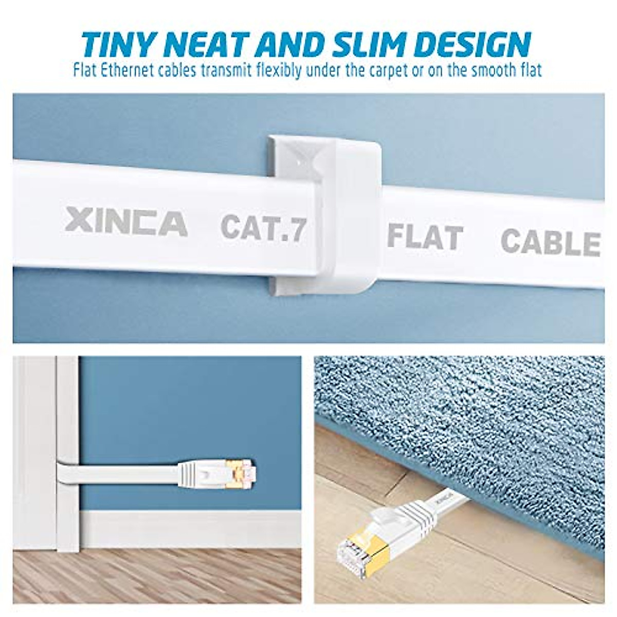 XINCA Cat 7 Flat Ethernet Cable 75ft White, High Speed 10GB Shielded (STP) LAN Internet Network Cable Ethernet Patch Computer Cable with Rj45 Connectors and 40pcs Adhesive Cable Clips